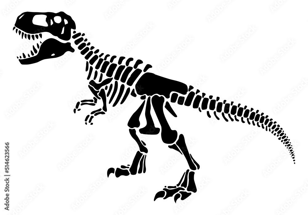 T rex dinosaur skeleton negative space silhouette.Prehistoric creature bones isolated black and ...