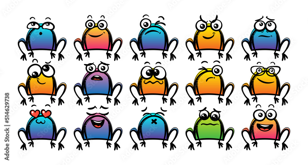 Various Cartoon Toads Set. Doodle faces, eyes and mouth. Caricature ...