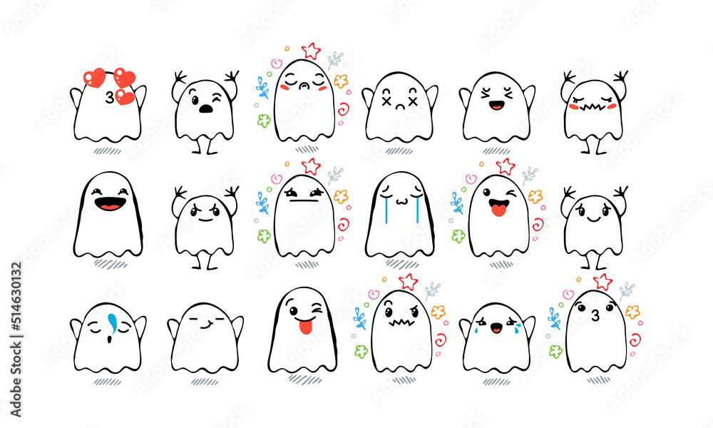 Set of Various Cartoon Ghosts with Emoticons. Doodle ghouls, eyes and ...