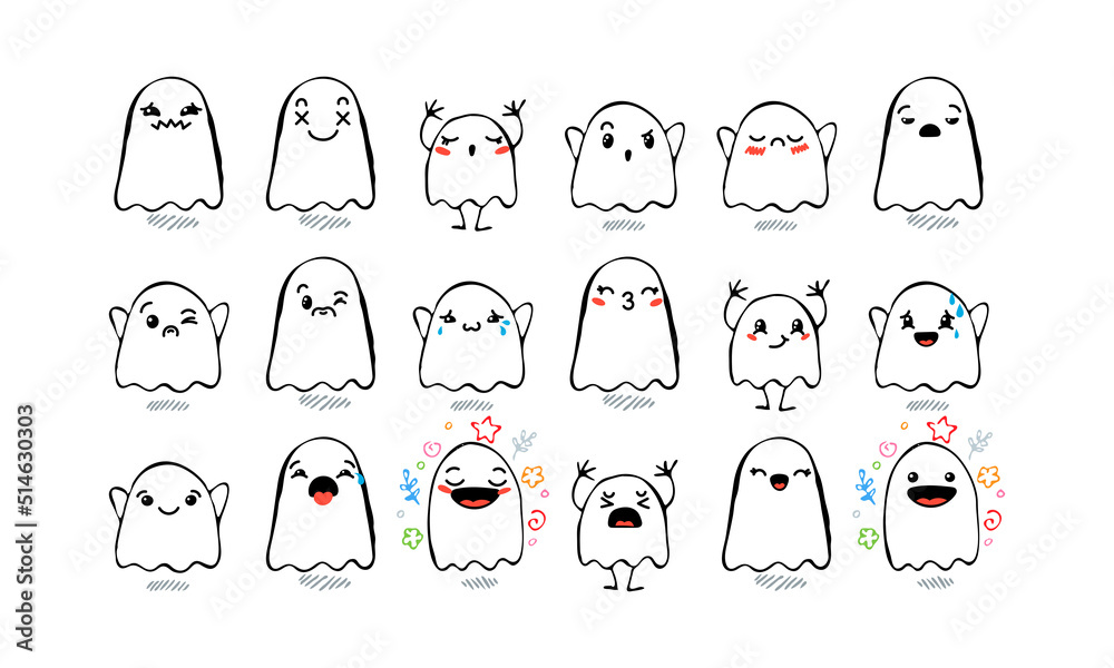 Set of Various Cartoon Ghosts with Emoticons. Doodle ghouls, eyes and ...