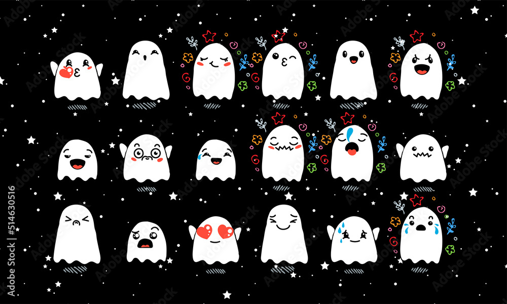 Set of Various Cartoon Ghosts with Emoticons. Doodle ghouls, eyes and ...