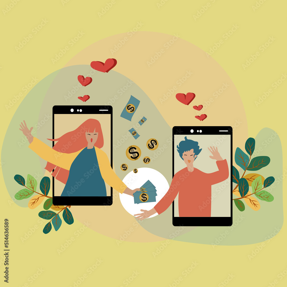 cartoon, woman handing money to man, on phone screen ,remittance ...