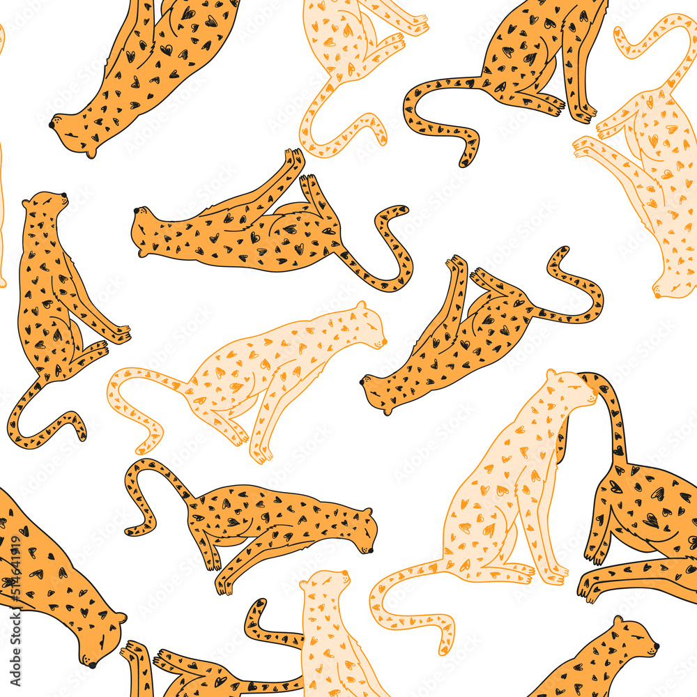 Doodle cheetah seamless pattern. Hand drawn cute leopard endless wallpaper. Wild animals ...