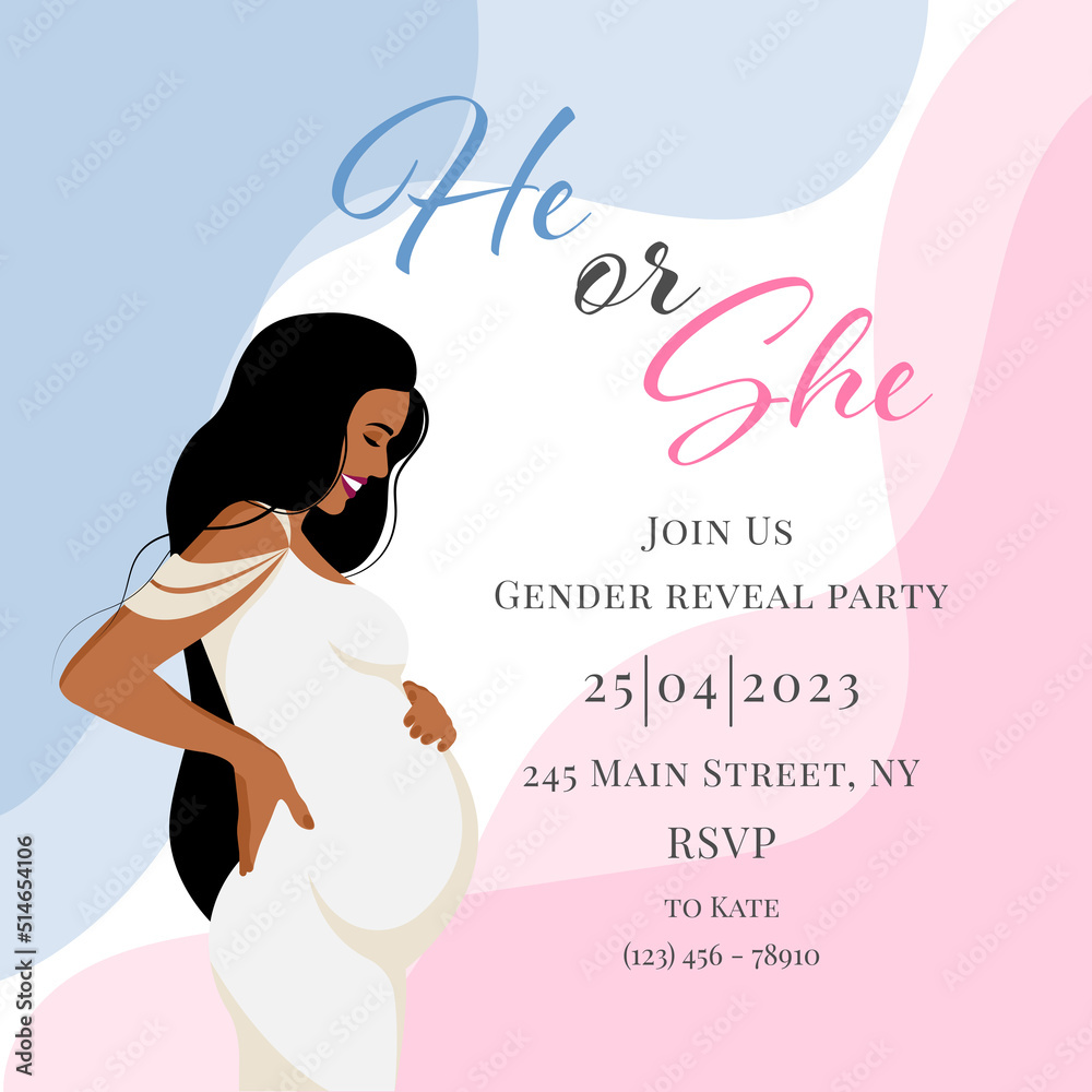 Invitation for gender reveal party with pregnant mother. Vector flat ...