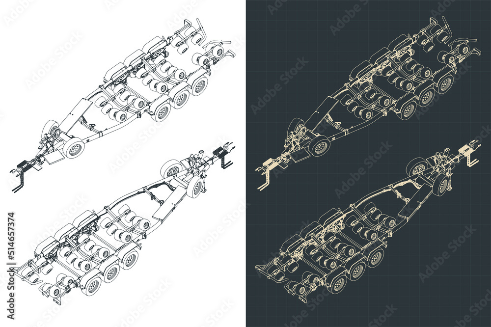 Tri axle boat trailer isometric blueprints Stock Vector | Adobe Stock
