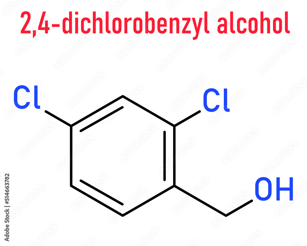 Skeletal formula of 2,4-dichlorobenzyl alcohol antiseptic drug molecule ...