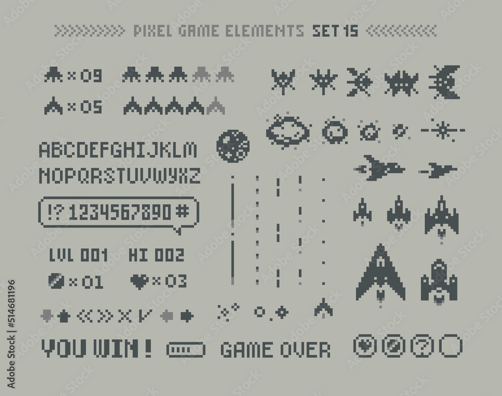 Pixel Art 8 bit arcade game elements with icons and font alphabet. Ufo aliens, space ships ...