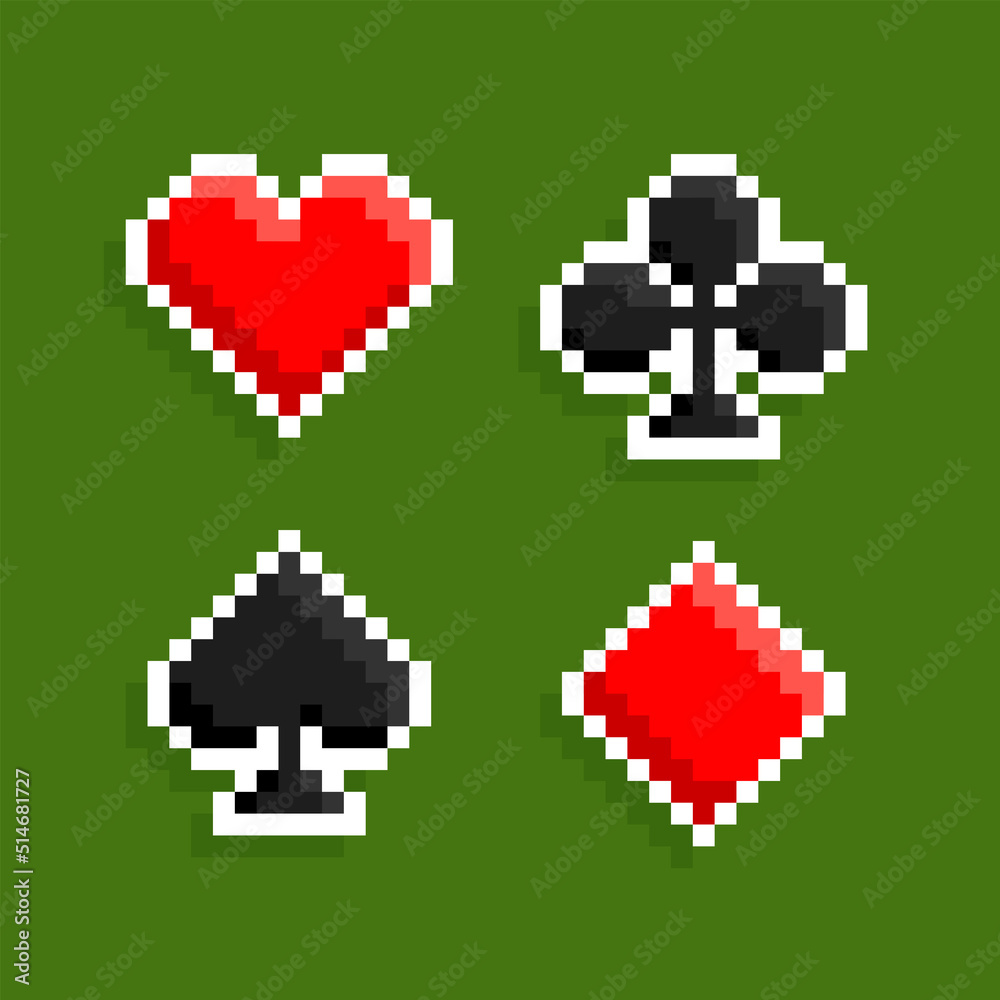 Pixel Art Playing Poker cards suits icons on green background. Pixel ...