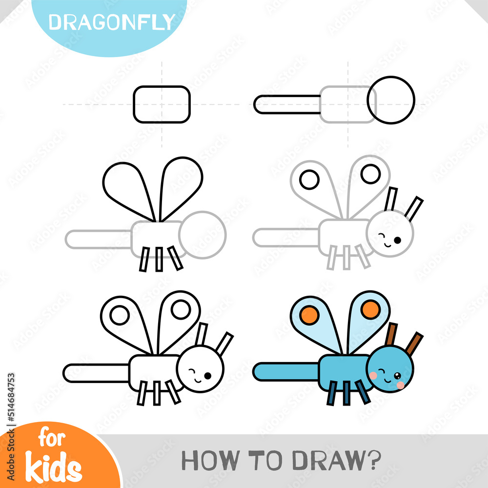 How to draw Dragonfly for children. Step by step drawing tutorial Stock ...