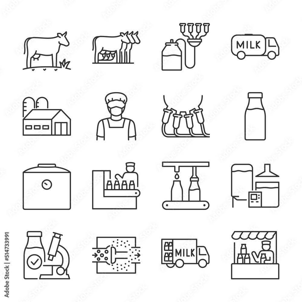 Milk, Dairy plant icons set. Milk production stages from harvesting to ...