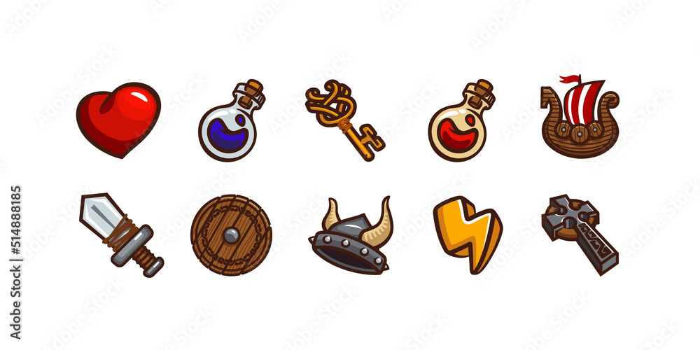 Game icons with viking helmet, sword, potions, ship and celtic cross ...
