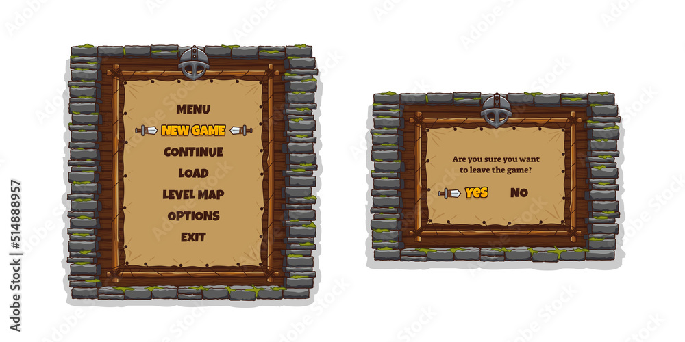 Game menu frame with buttons, medieval helmet, stone wall and wooden ...