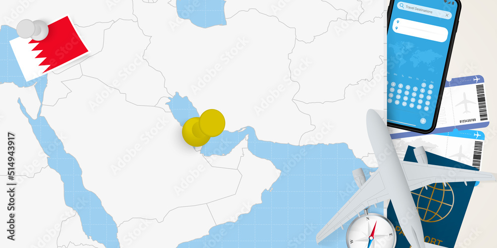 Стоковий вектор Travel to Bahrain concept, map with pin on map of ...