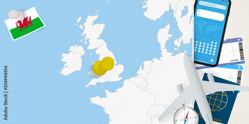 Travel to Wales concept, map with pin on map of Wales. Vacation ...