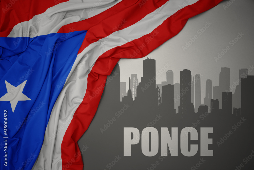 abstract silhouette of the city with text Ponce near waving national ...