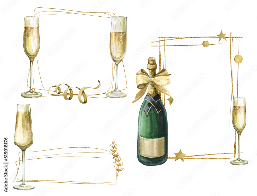 Watercolor clipart of champagne glasses and golden frames. Champagne ...