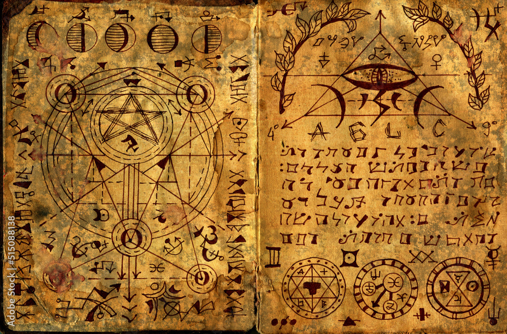 Hand drawn Halloween illustration of old page with wicca and mystic symbols from witch magic ...