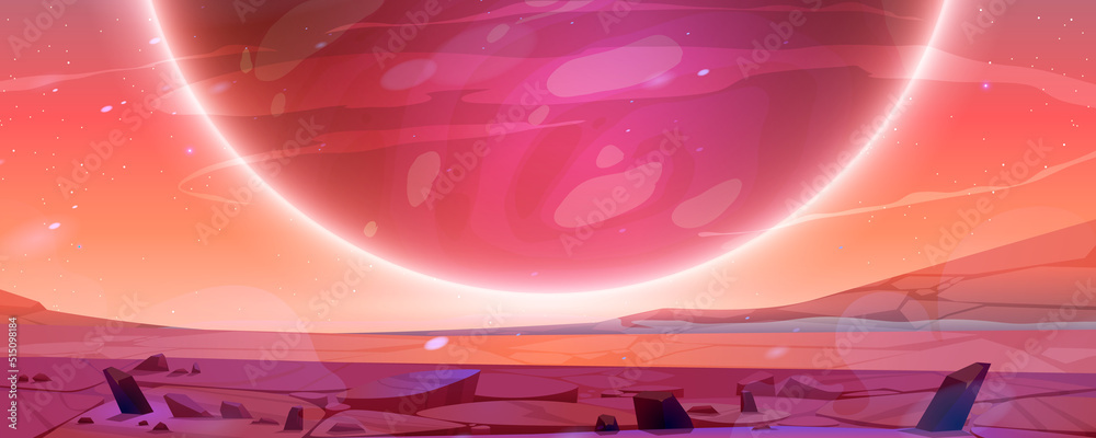 Vector de Stock Mars landscape, alien planet sunset background, red ...