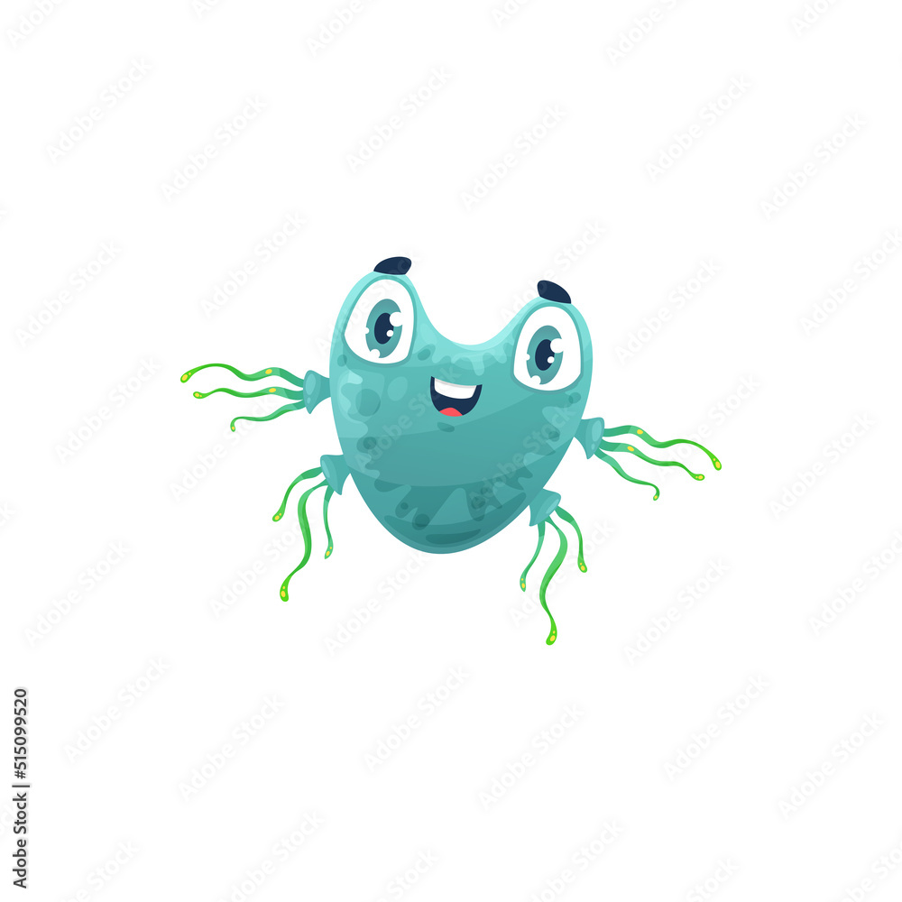 Cartoon virus cell vector icon, cute green bacteria with long hairs ...