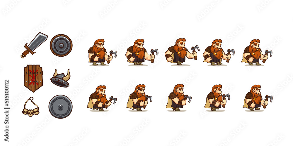 Game armor icons and character viking walk cycle sequence. Vector cartoon set of sword, shields ...