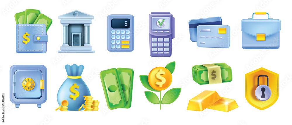 3D money bank icon set, credit card, building, vector finance business ...