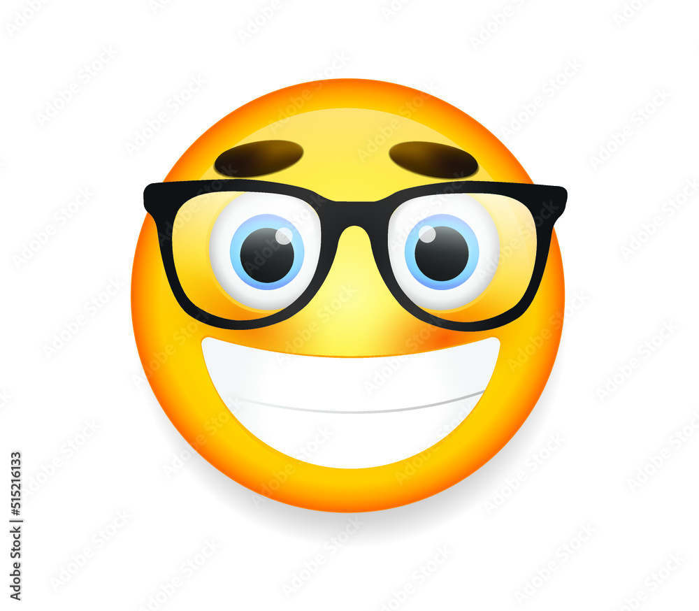 High quality emoticon on white background. Yellow face with spectacles ...