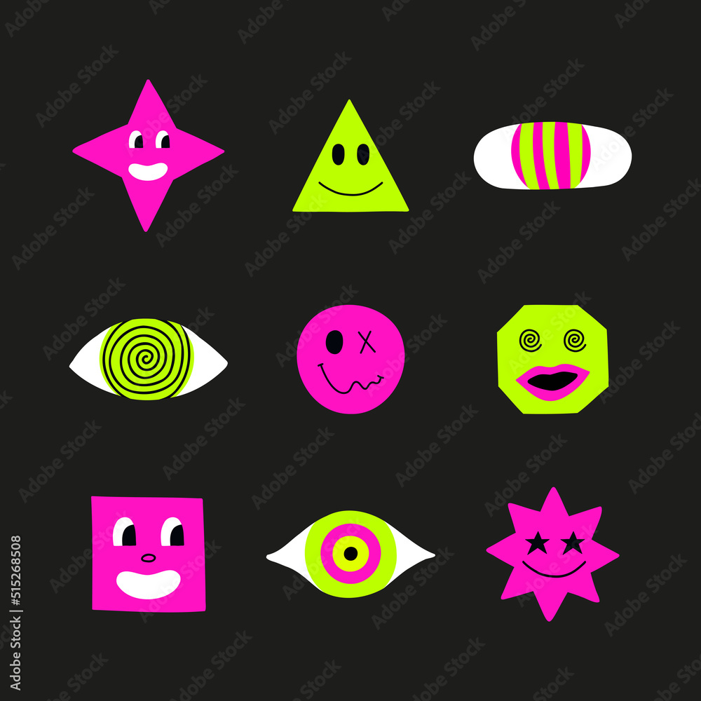 Psychedelic trippy acid rave set. Trendy abstract smiles, emoji and ...