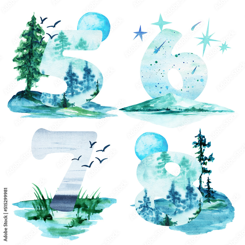 Watercolor set of numbers on emerald green background of nature, forest ...
