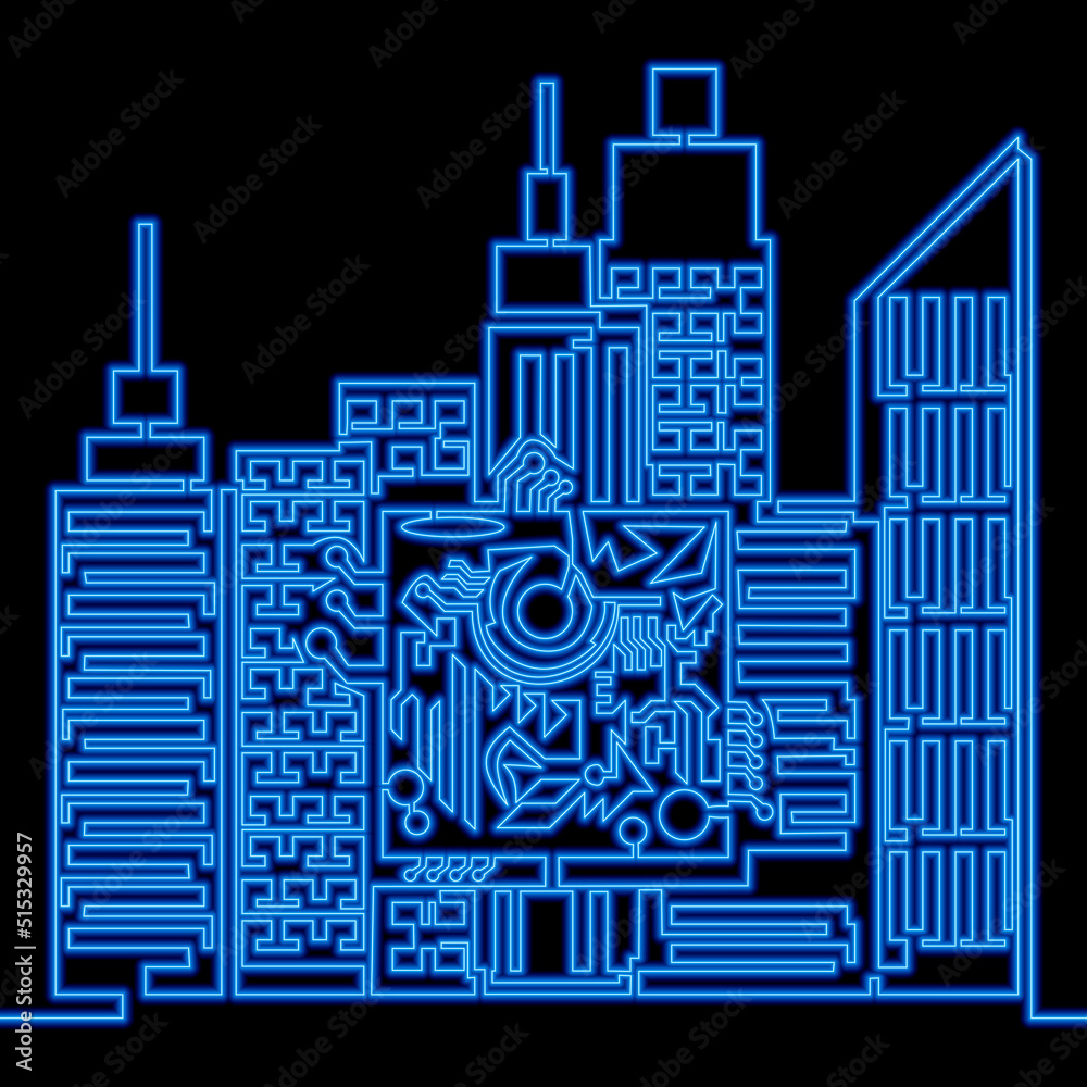 Continuous line drawing Futuristic smart city microchip Skyscraper icon ...