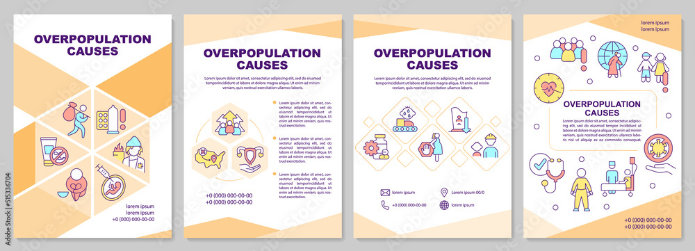 Overpopulation causes orange brochure template. Growth reasons. Leaflet ...