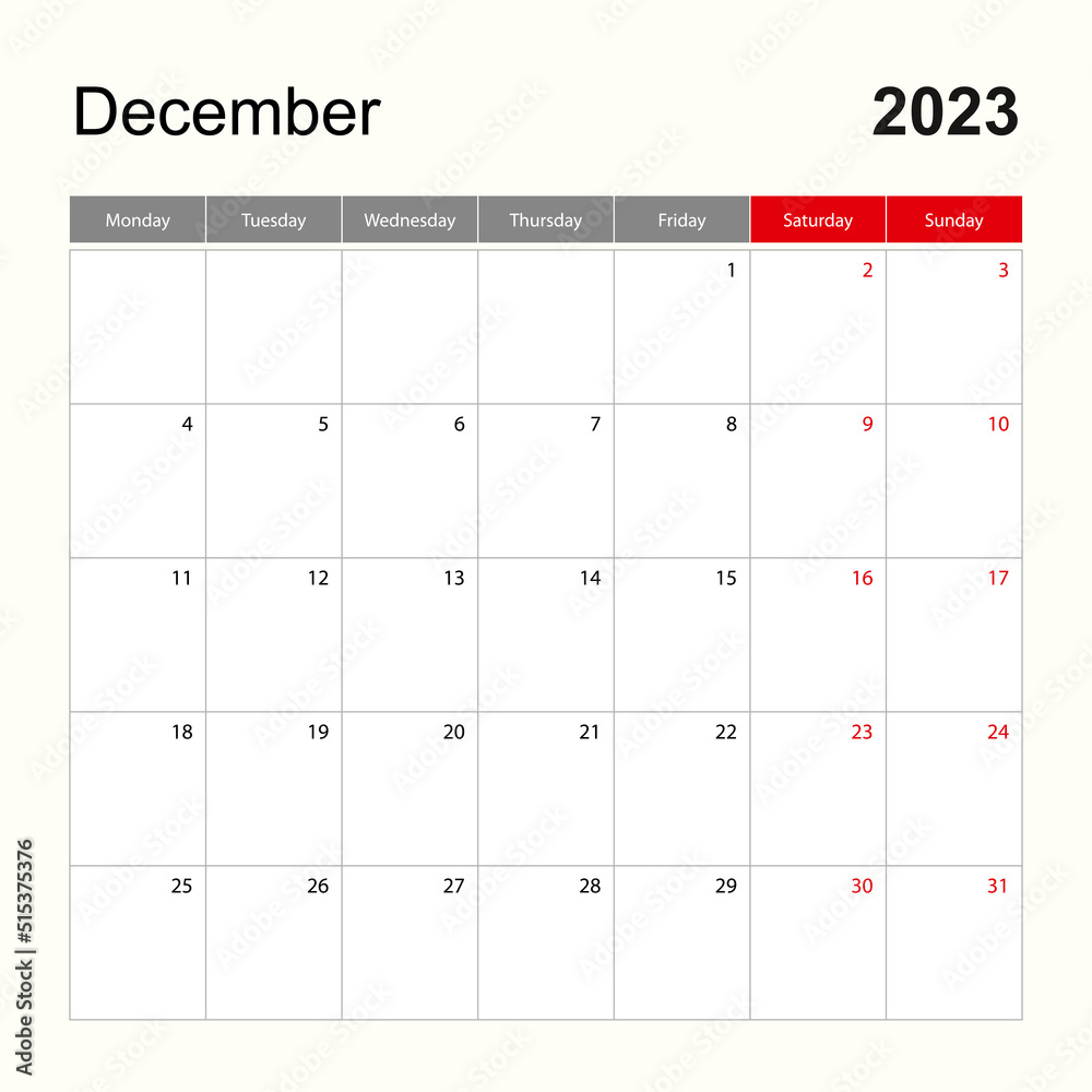 Wall calendar template for December 2023. Holiday and event planner ...