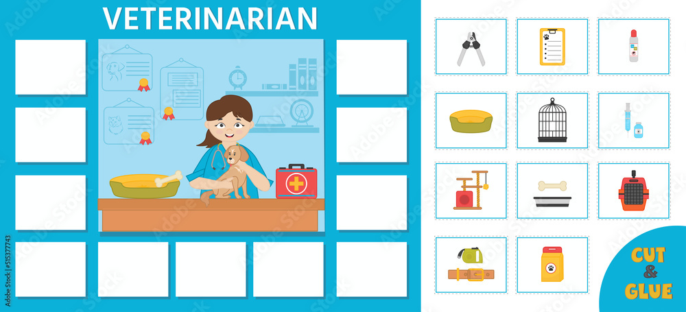 Educational game for kids. Learning cards. Professions. Veterinarian ...
