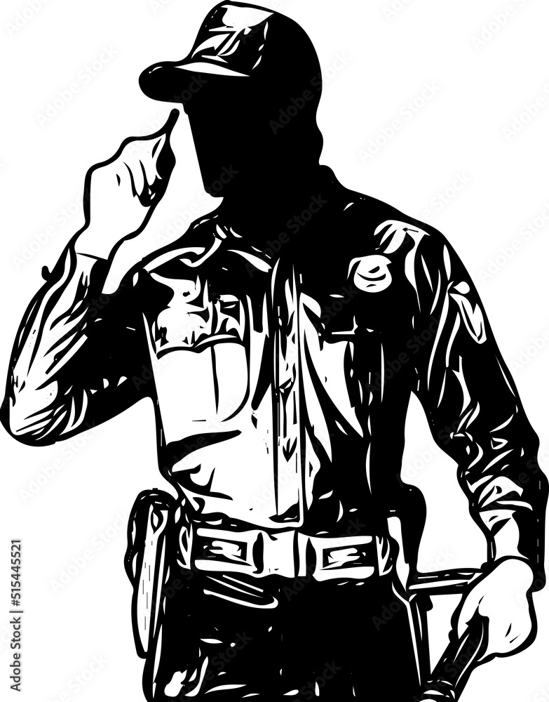 silhouette of security guard, sketch drawing of security guard holding ...
