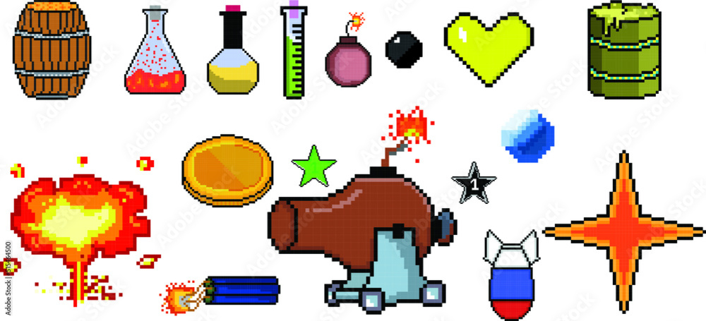 8 bit Pixel art game icon set. ui elements pixel set. game world and ...