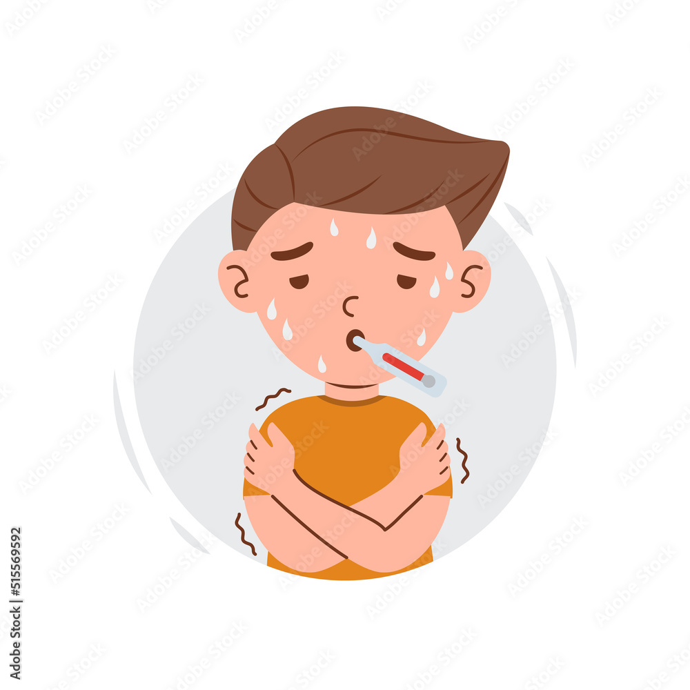Flu disease signs and symptoms on kid boy character. Cartoon kid boy ...