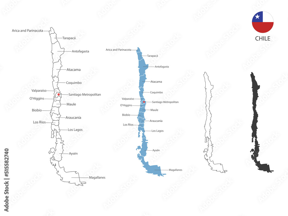 4 style of Chile map vector illustration have all province and mark the ...