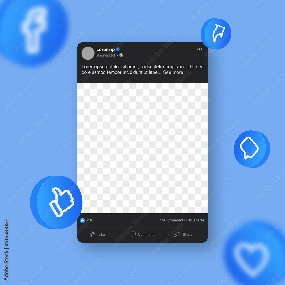 Lombok, Indonesia - July 7, 2022: Facebook post mock up dark mode. Facebook timeline user ...