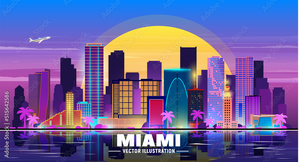 Miami Florida night city skyline. Vector Illustration. Business travel ...