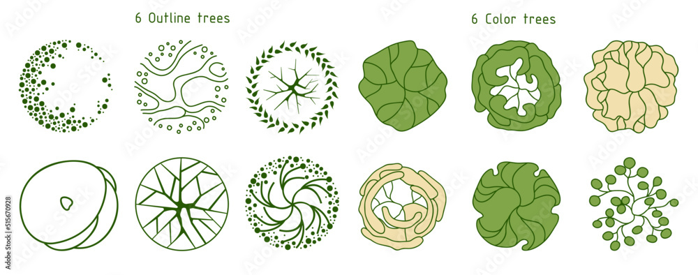 Tree for architectural floor plans. Entourage design. Various trees, bushes, and shrubs, top ...