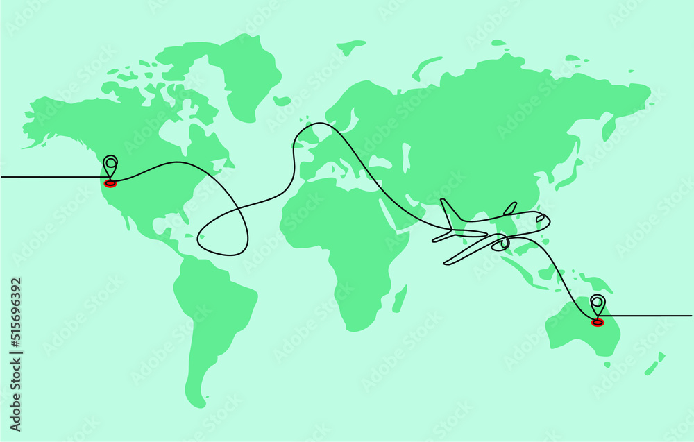 Continuous line drawing of airplane flight route and airport ...