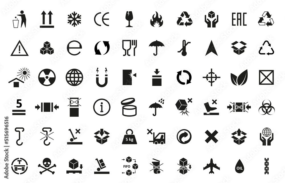 Packaging symbols. Cargo shipping and product labeling icons. Handle with care, flammable ...