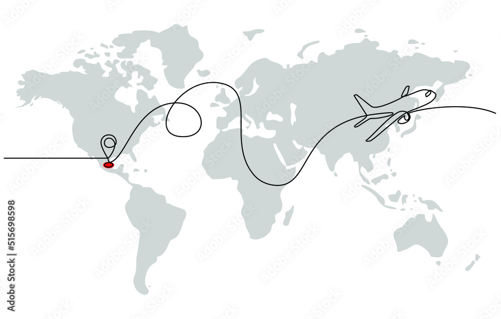 Continuous line drawing of airplane flight route and airport ...