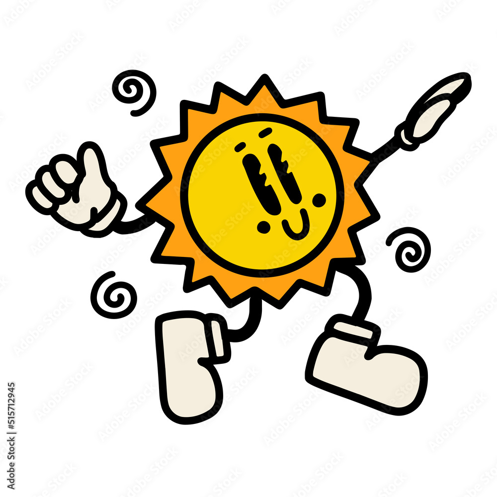 Nostalgic retro trendy cartoon character sun illustration in groovy old ...