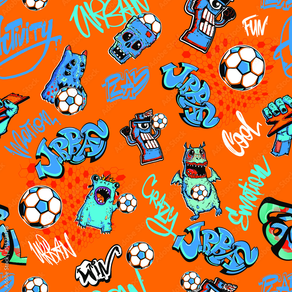 Seamless pattern with monsters playing in football. Soccer ball and ...