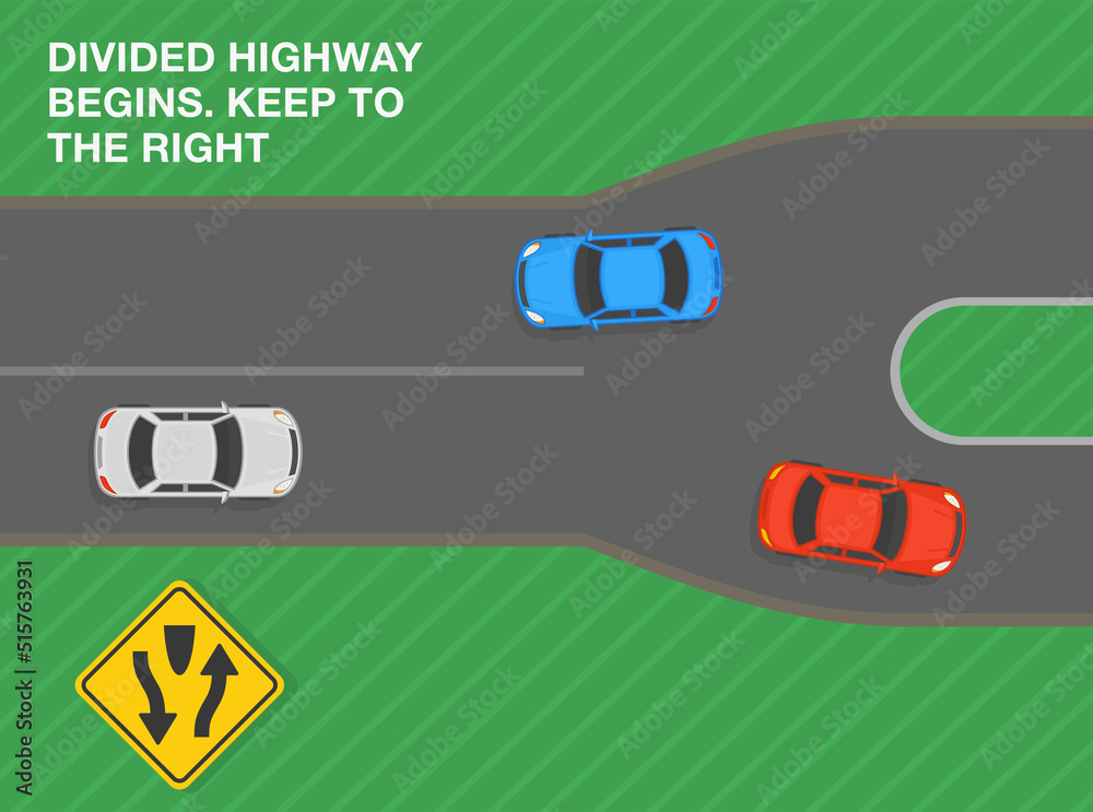Safe driving tips and traffic regulation rules. Divided highway begins ...