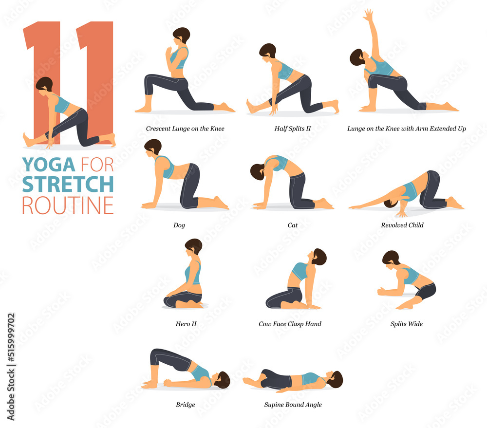 11 Yoga poses or asana posture for workout in stretch routine concept ...