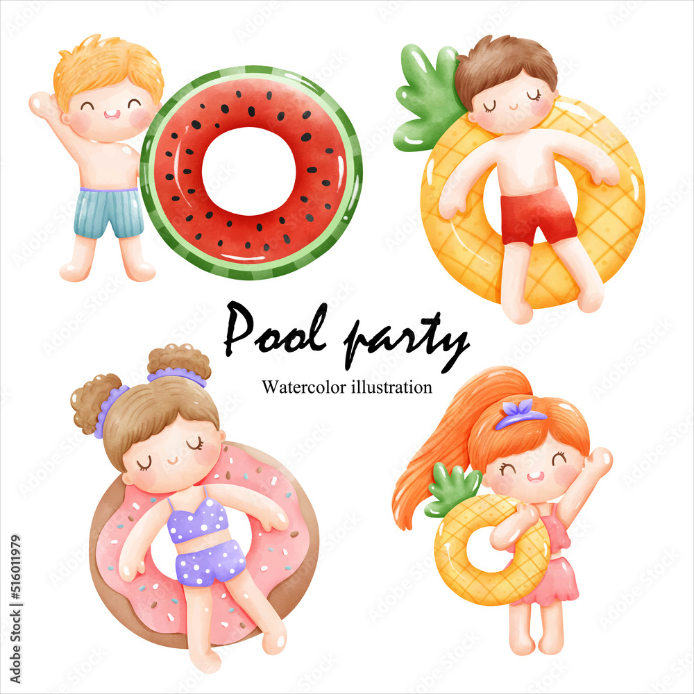 Watercolor pool party with cute children. vector illustration Stock ...