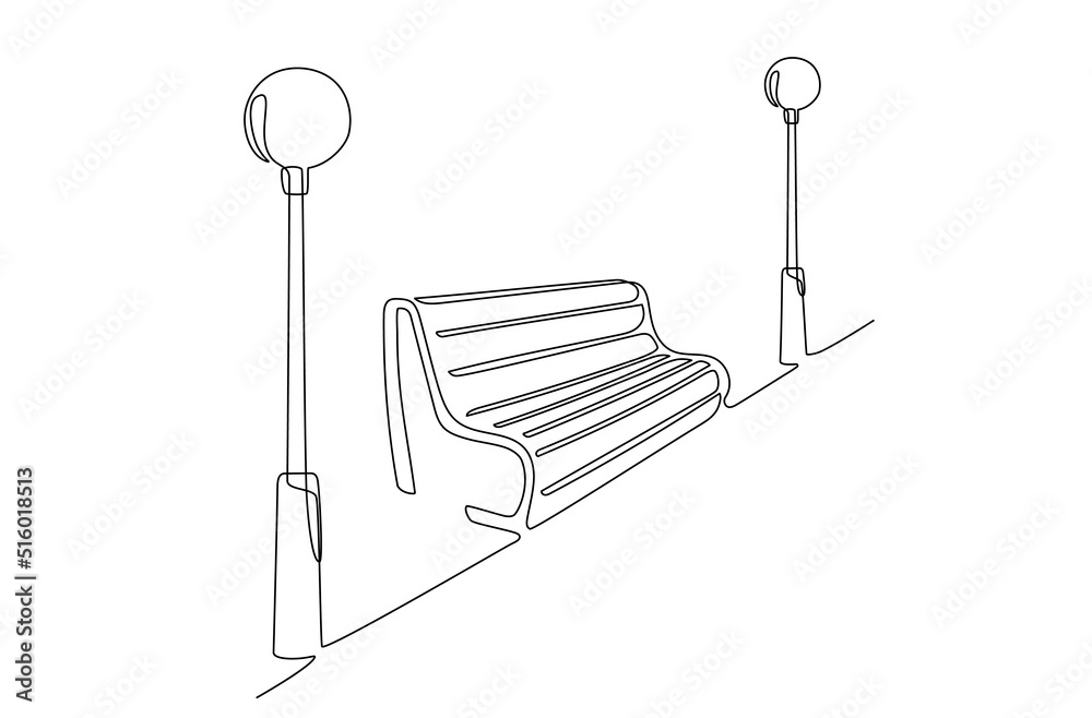 Continuous line drawing of Bench and lantern in park perspective view ...