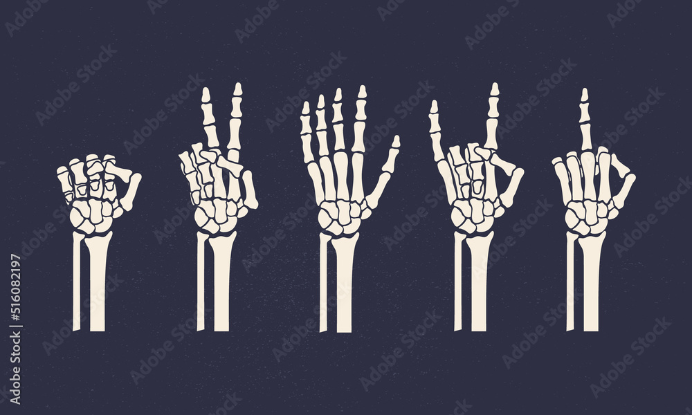 Set of 5 skeleton hands. Bones hand gestures. Gesture of Peace, Rock ...
