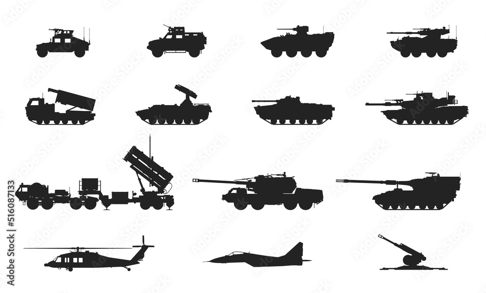 military combat vehicles icon set. army and weapon symbol. vector image ...